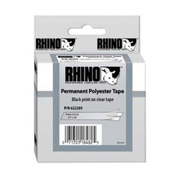 DYMO Rhino 18508 3/8" Permanent Polyester Label Tape, Black On Clear,