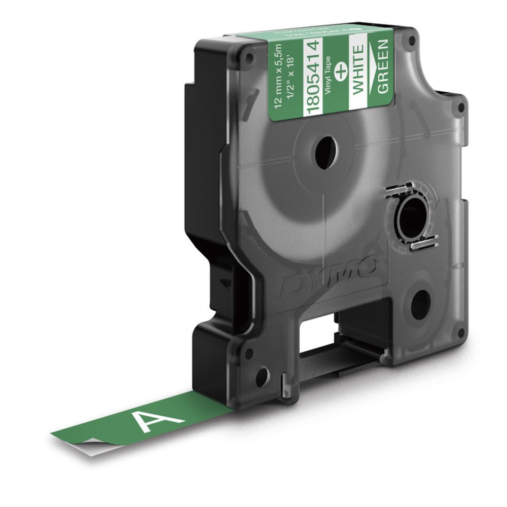 DYMO Rhino 1805414 1/2" Vinyl Label Tape, White On Green, IND, 18FT