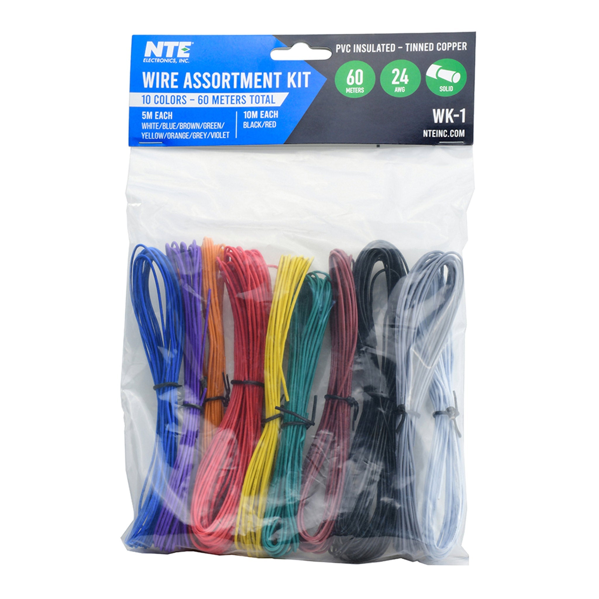 NTE WK-1 24AWG 10-Color PVC Insulated Solid Wire Assortment, 60M Total