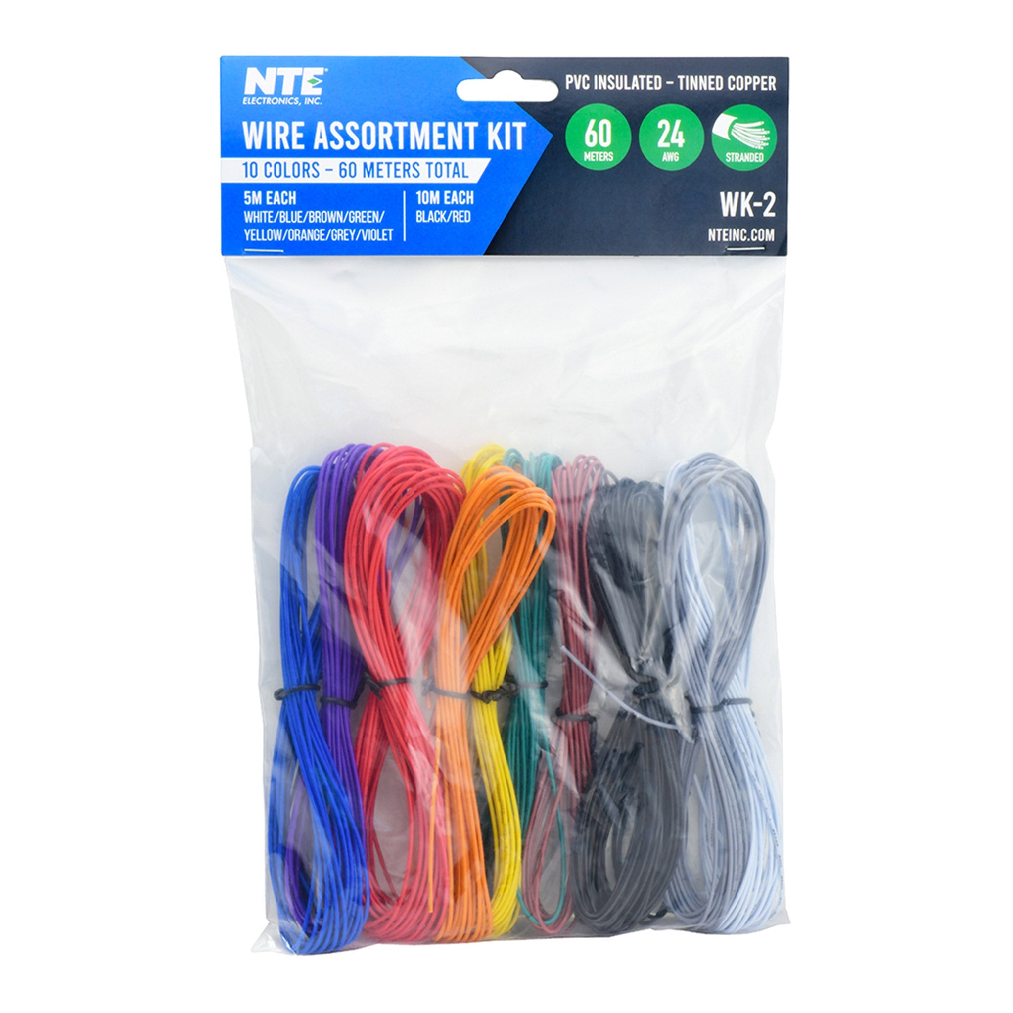 NTE WK-2 24AWG 10-Color PVC Insulated Stranded Wire Assortment, 60M To
